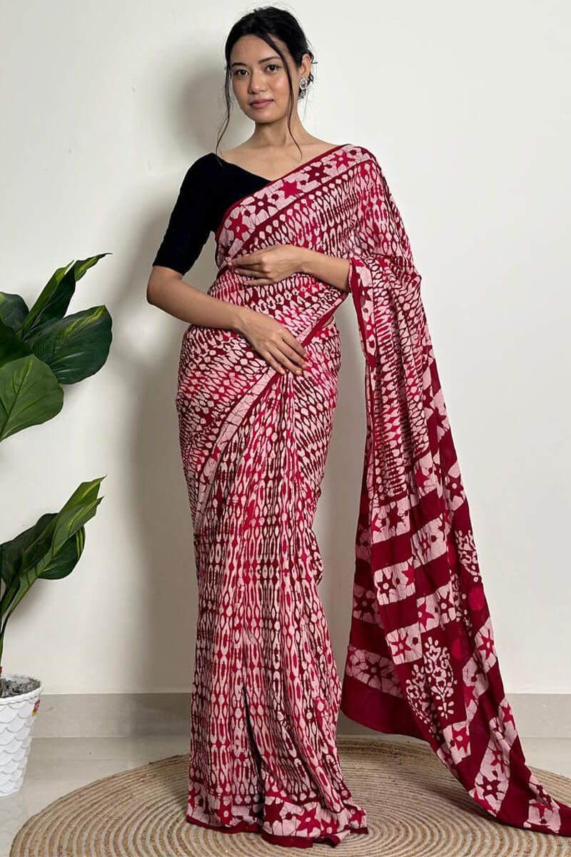 Winsome 1 Minute Ready To Wear Maroon Mul Cotton Digital Printed Saree – thelotusfab