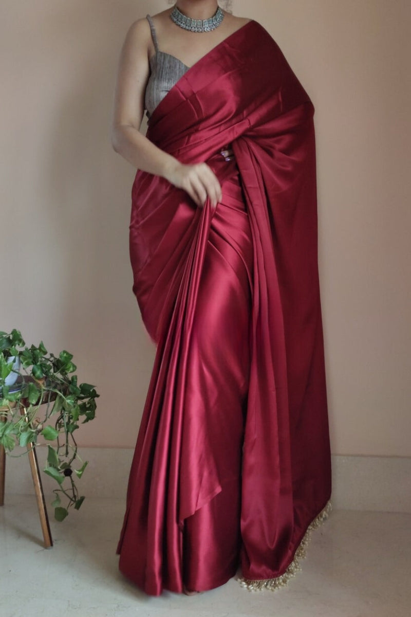 Ailurophile 1-Minute Ready To Wear Maroon Satin Silk Saree – thelotusfab