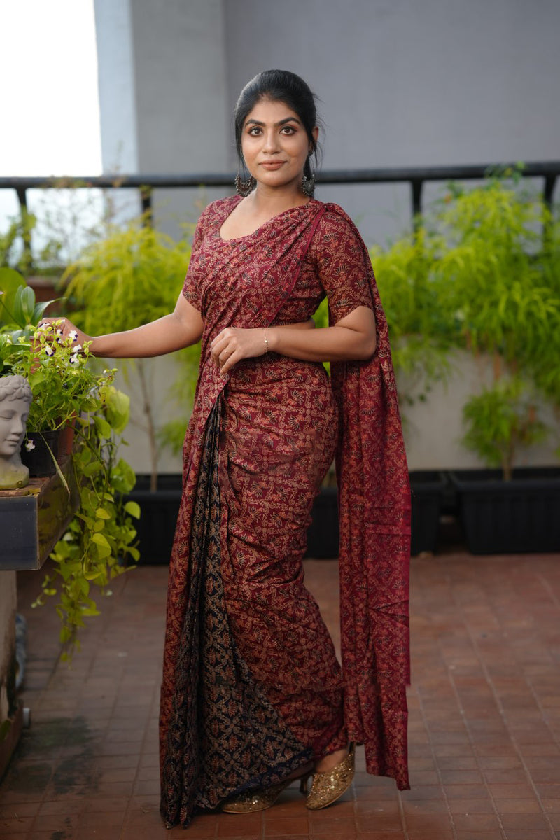 Classic 1 Minute Ready To Wear Maroon Mul Cotton Digital Printed Saree ...