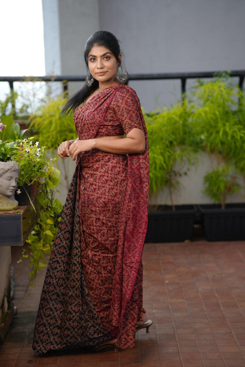 Classic 1 Minute Ready To Wear Maroon Mul Cotton Digital Printed Saree ...