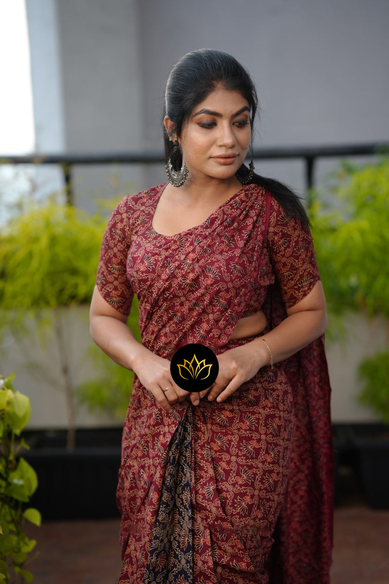Classic 1 Minute Ready To Wear Maroon Mul Cotton Digital Printed Saree ...