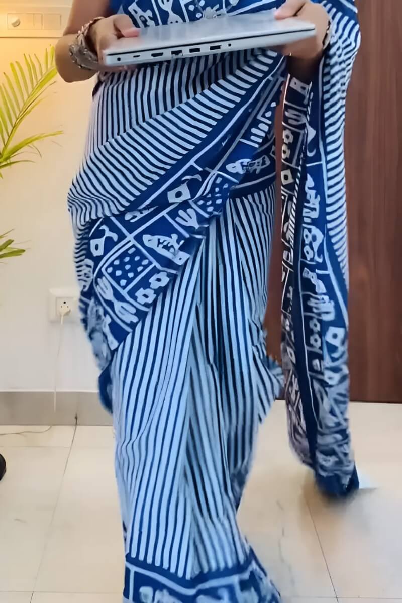 Assemblage 1 Minute Ready To Wear Blue Mul Cotton Digital Printed Sare ...