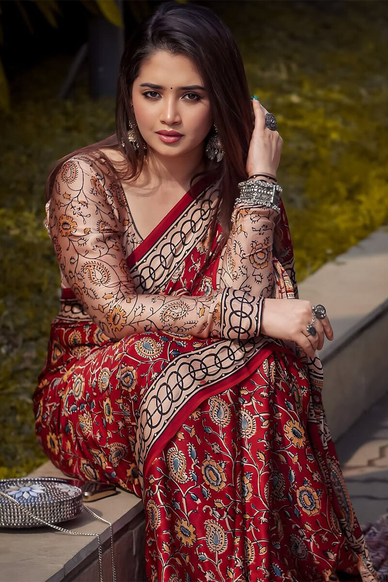 Moiety Red 1 Minute Ready To Wear Digital Printed Crape Silk Saree ...