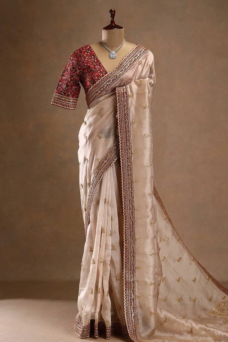 Fantabulous Beige Jimmy Choo Silk Saree With Posh Blouse Piece ...