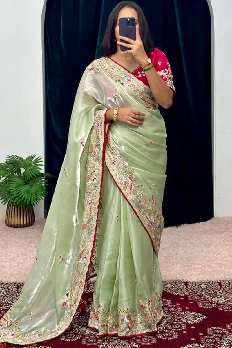 Sonorous Pista Embroidery Work Jimmy Choo Silk Saree With Adorable Blo ...