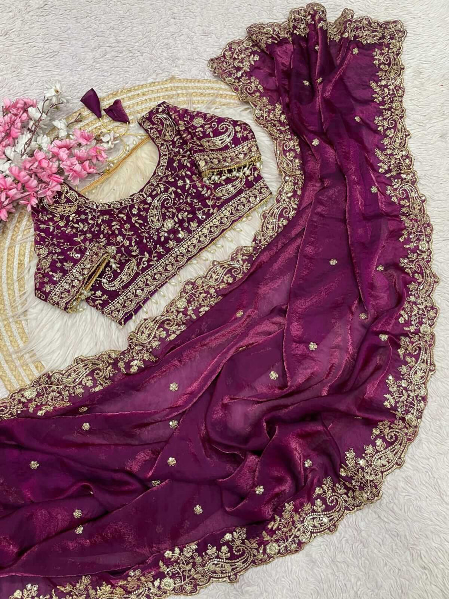 Beauteous Purple Embroidery Work Fancy Silk Saree With Nebula Full Sti ...
