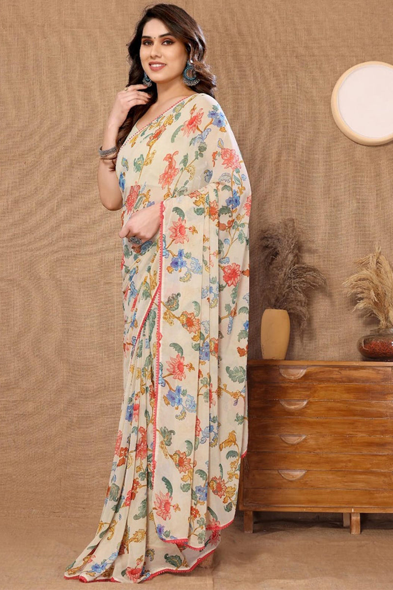 Ethereal 1-Minute Ready To Wear Beige Georgette Saree – thelotusfab