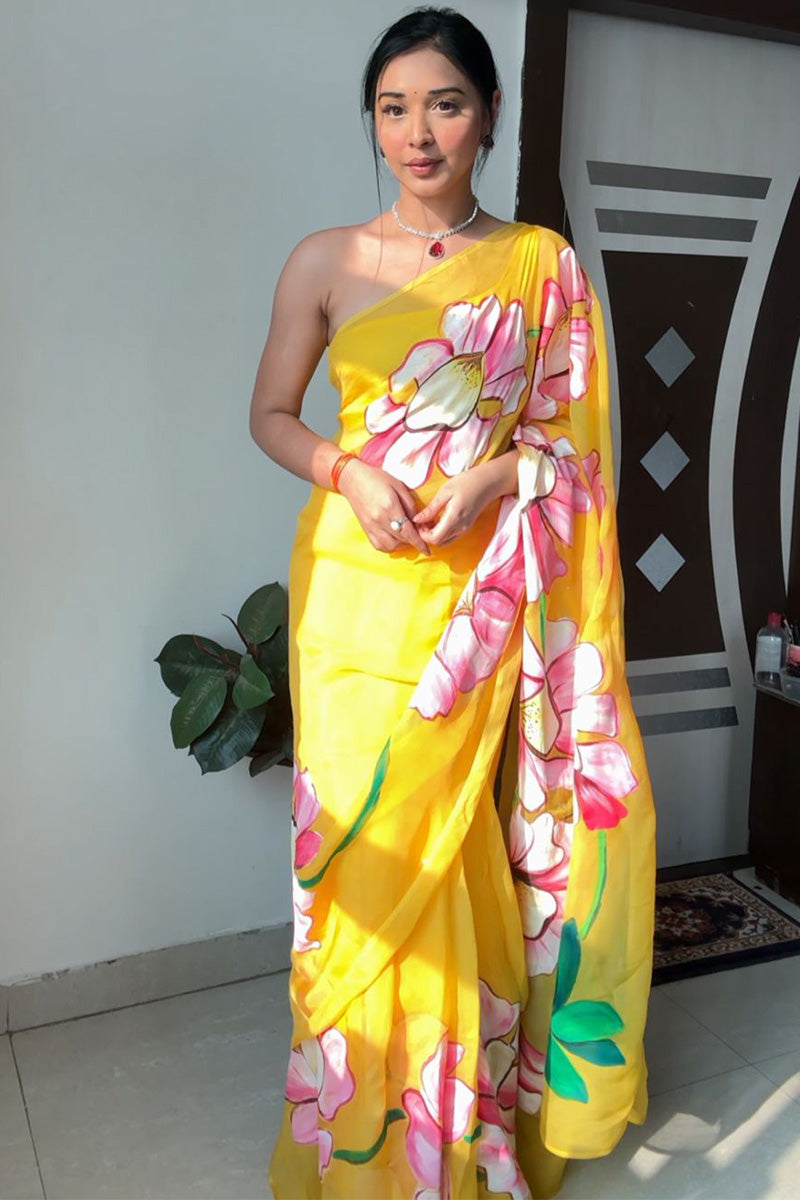 Evanescent 1-Minute Ready To Wear Yellow Organza Silk Saree – thelotusfab