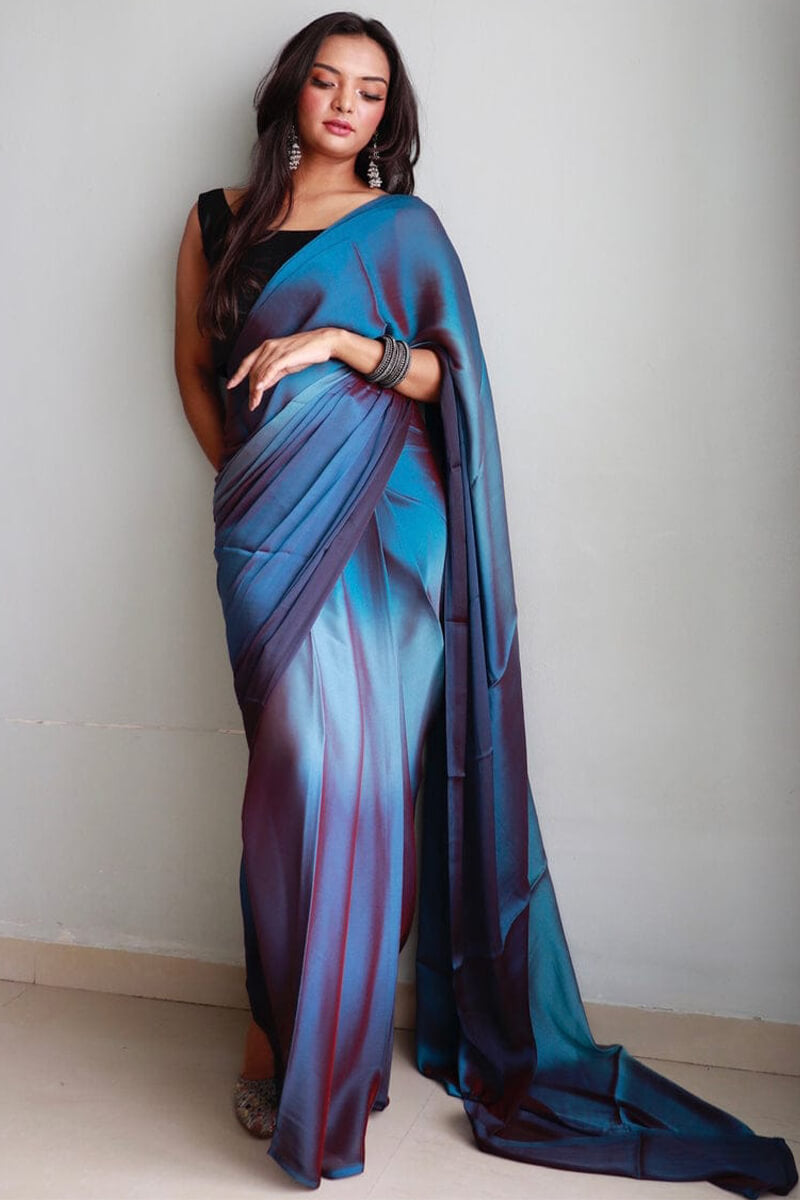 Blooming 1-Minute Ready To Wear Blue Chiffon Silk Saree – thelotusfab