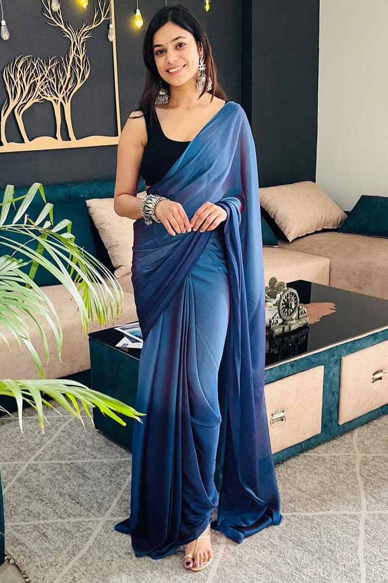 Blooming 1-Minute Ready To Wear Blue Chiffon Silk Saree – thelotusfab