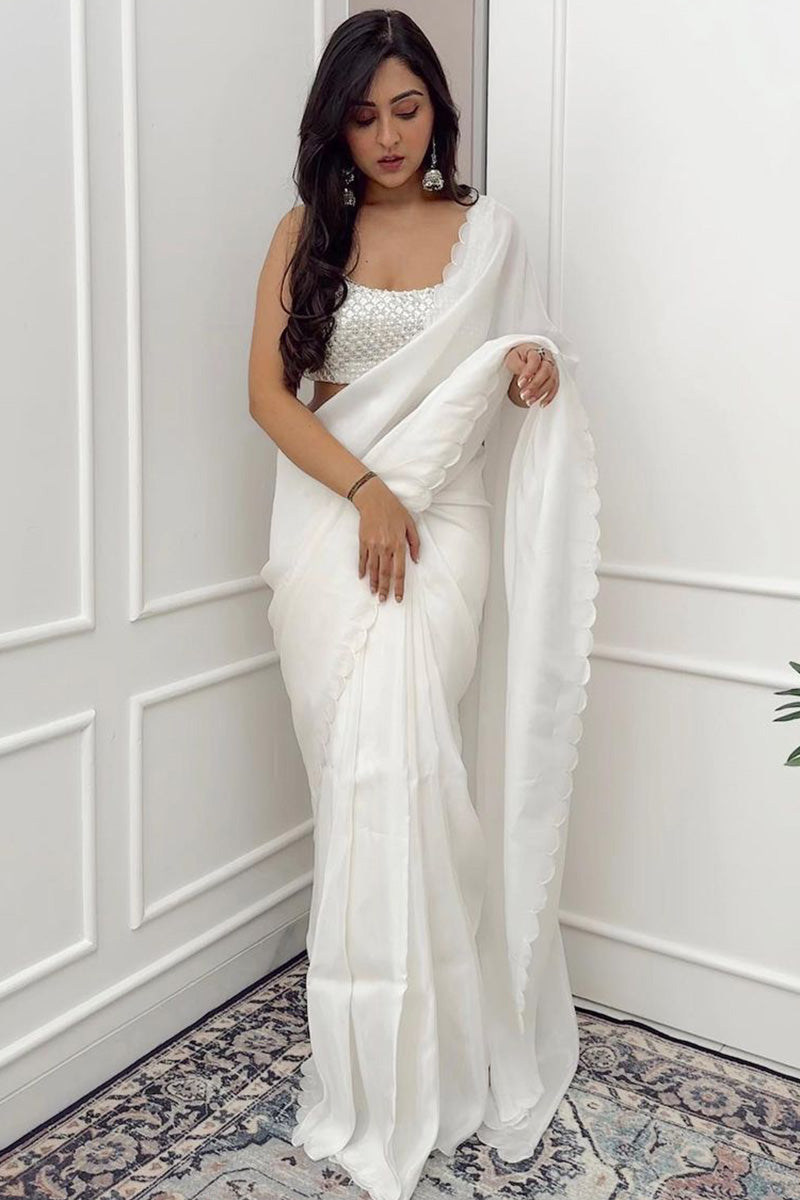 Desuetude 1-Minute Ready To Wear White Georgette Saree – thelotusfab