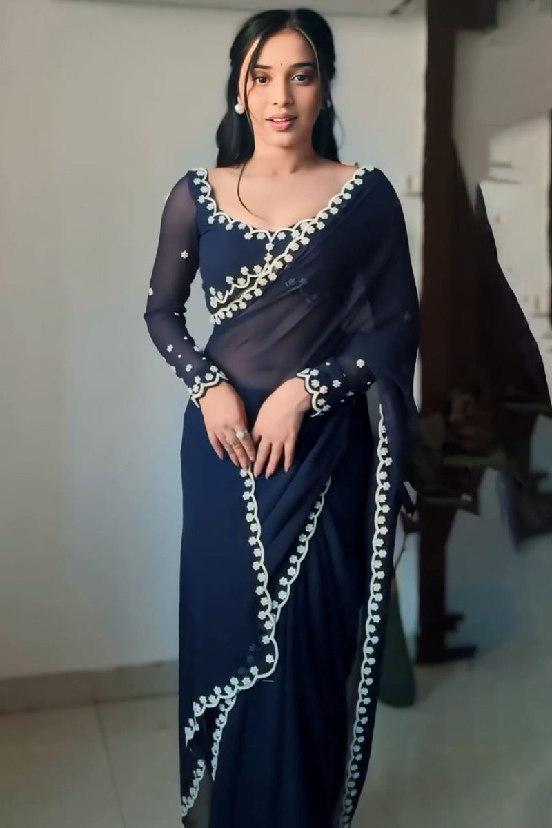 Entrancing 1-Minute Ready To Wear Navy Blue Georgette Saree – thelotusfab