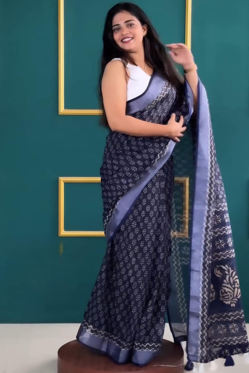 Blooming 1-Minute Ready To Wear Navy Blue Cotton Saree – thelotusfab