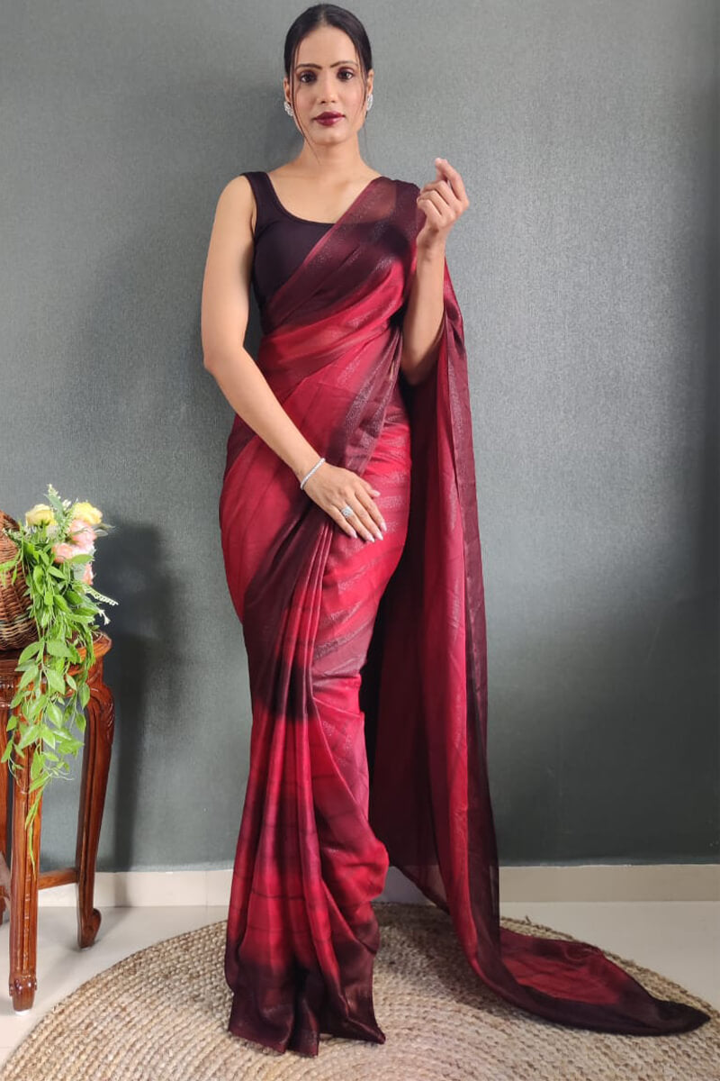 Prettiest 1-Minute Ready To Wear Maroon Nylon Silk Saree – thelotusfab