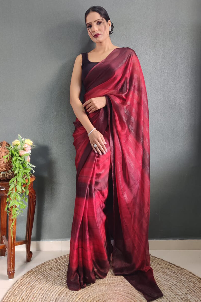 Prettiest 1-Minute Ready To Wear Maroon Nylon Silk Saree – thelotusfab