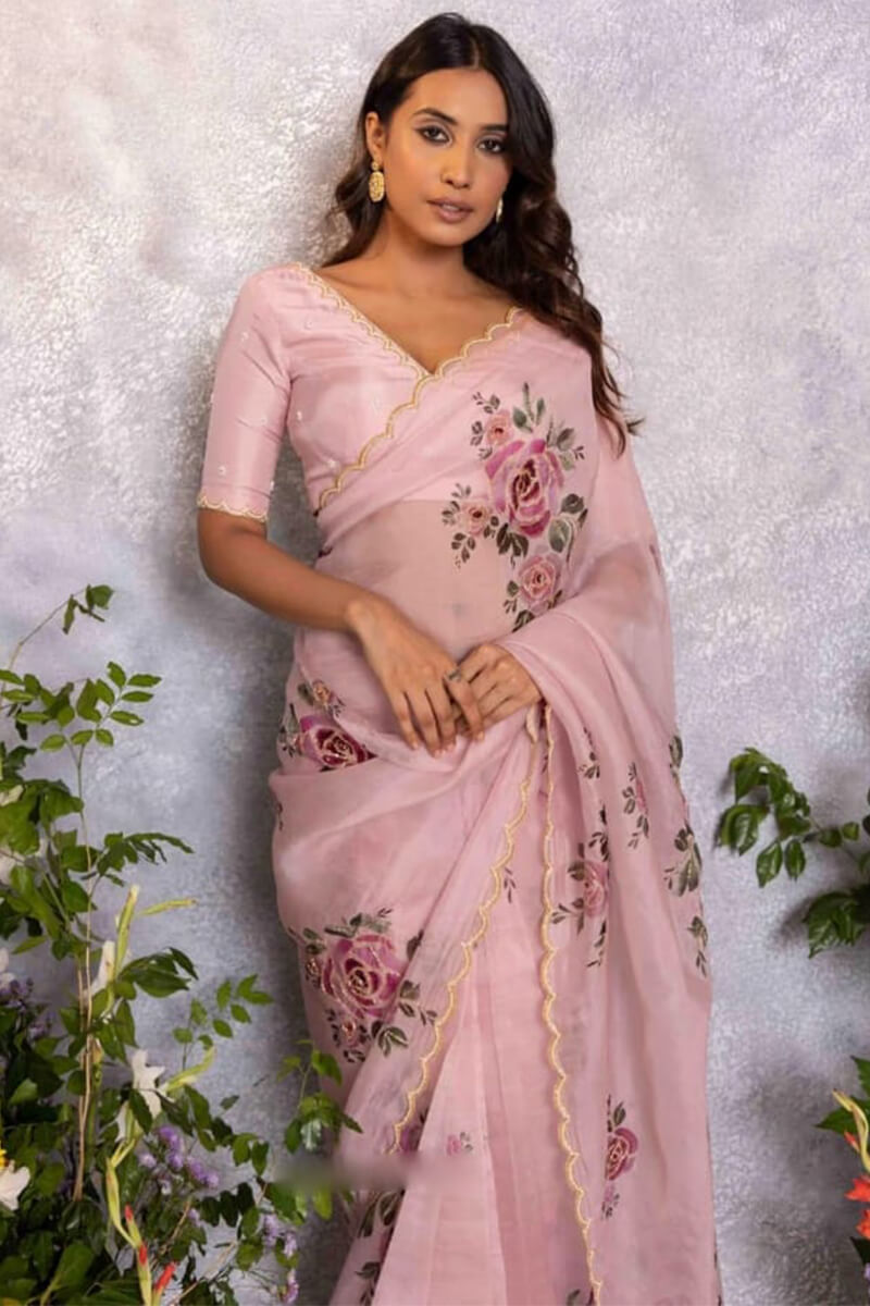 Precious 1-Minute Ready To Wear Baby Pink Organza Silk Saree – thelotusfab