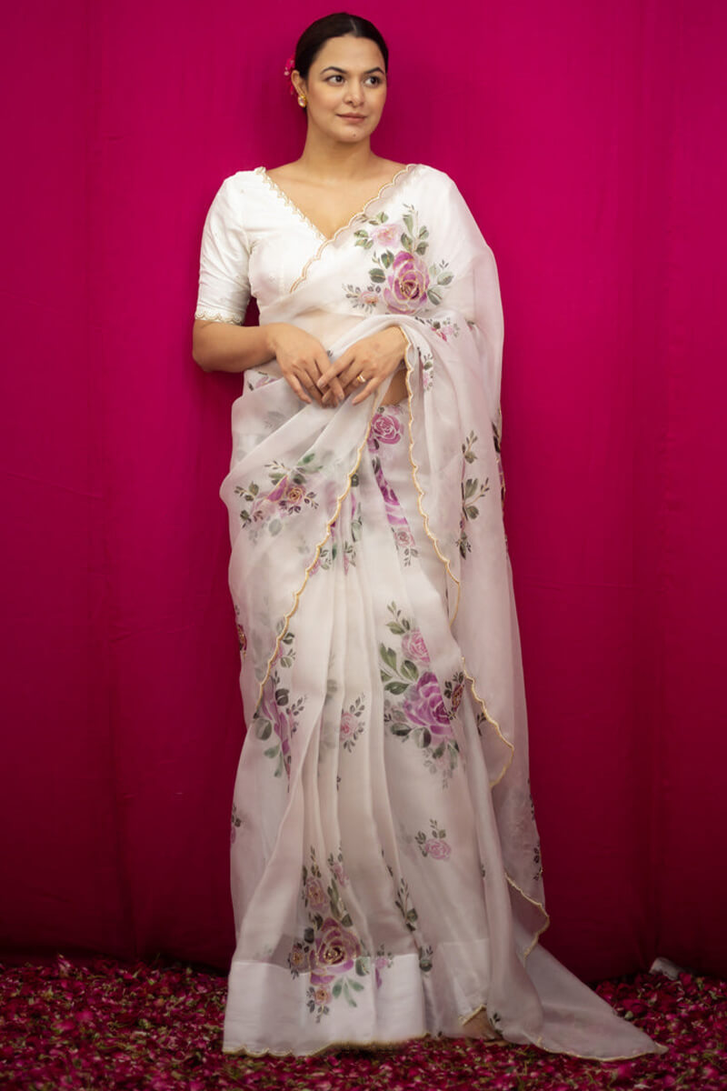 Hypnotic 1-Minute Ready To Wear Beige Organza Silk Saree – thelotusfab