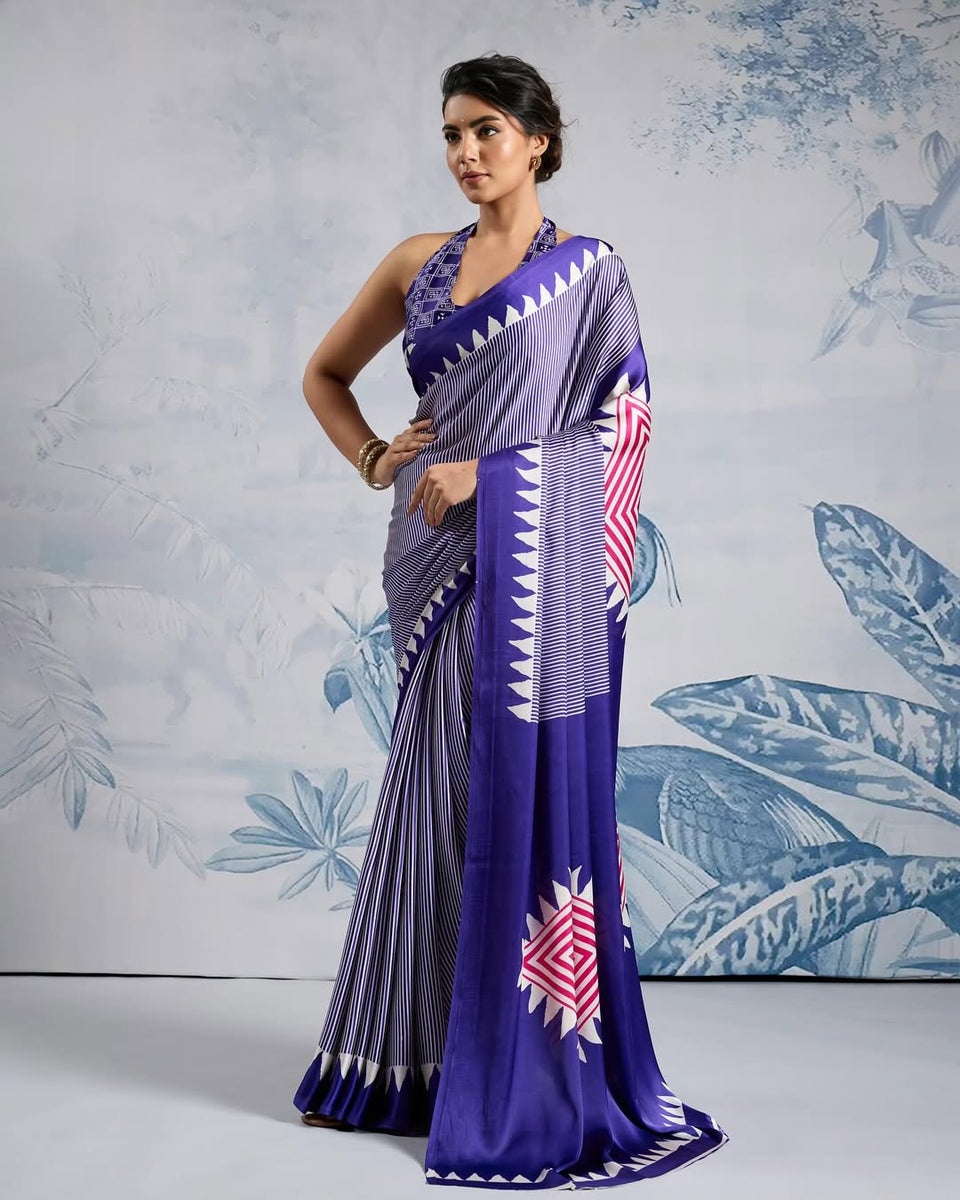 Mellifluous Royal Blue 1 Minute Ready To Wear Digital Printed Crape Si ...